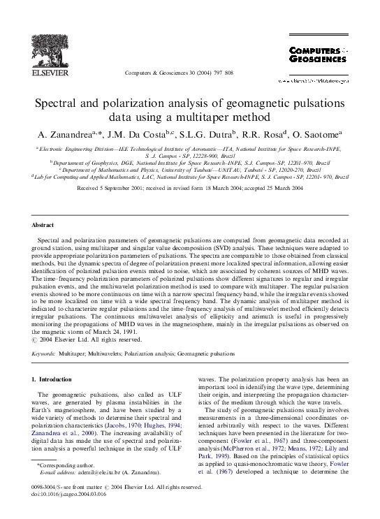 (PDF) Spectral and polarization analysis of geomagnetic pulsations data using a multitaper method