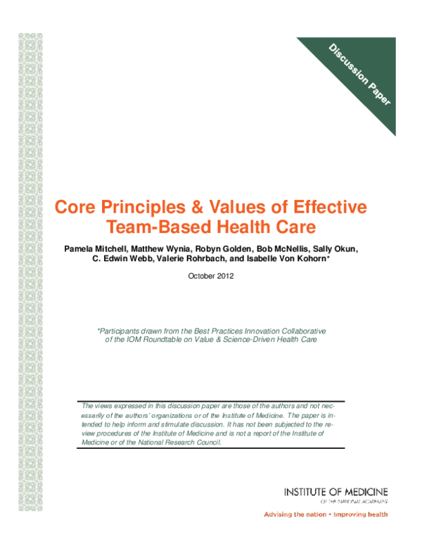 (PDF) Core Principles & Values of Effective Team-Based Health Care
