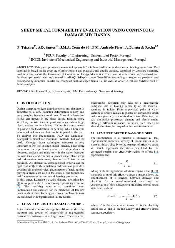 (PDF) Sheet metal formability evaluation using continuous Damage Mechanics
