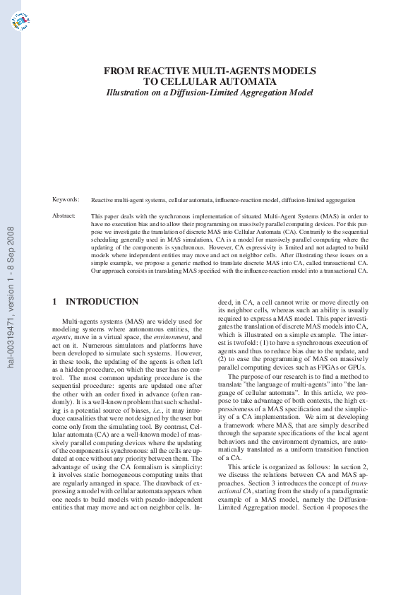 (PDF) From Reactive Multi-Agents Models to Cellular Automata - Illustration on a Diffusion ...