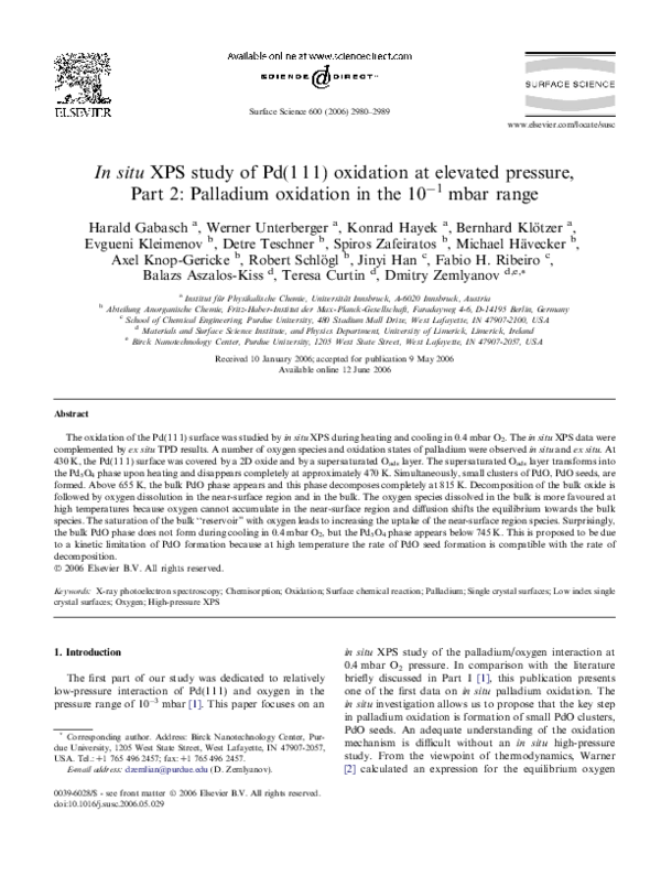 (PDF) In situ XPS study of Pd(111) oxidation at elevated pressure, Part ...