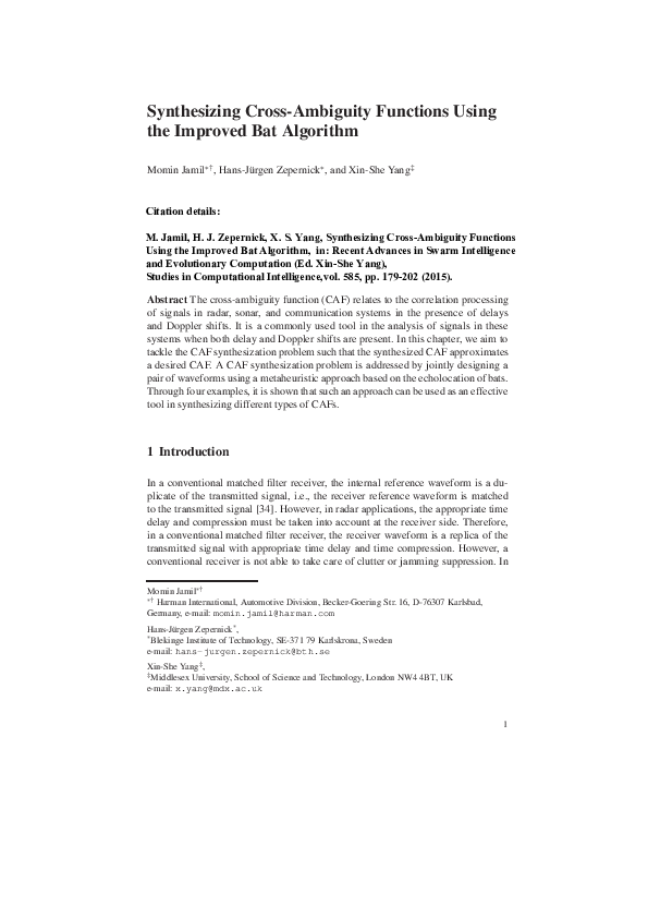Pdf Synthesizing Cross Ambiguity Functions Using The Improved Bat Algorithm