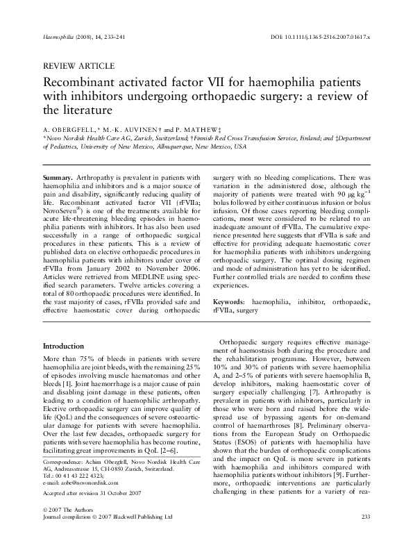 (PDF) Recombinant activated factor VII for haemophilia patients with ...