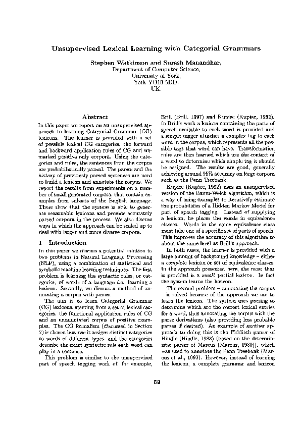 Pdf Unsupervised Lexical Learning With Categorial Grammars Using The Lll Corpus