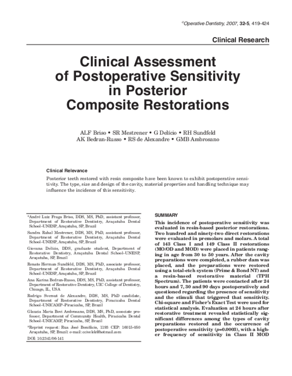 Pdf Clinical Assessment Of Postoperative Sensitivity In Posterior Composite Restorations