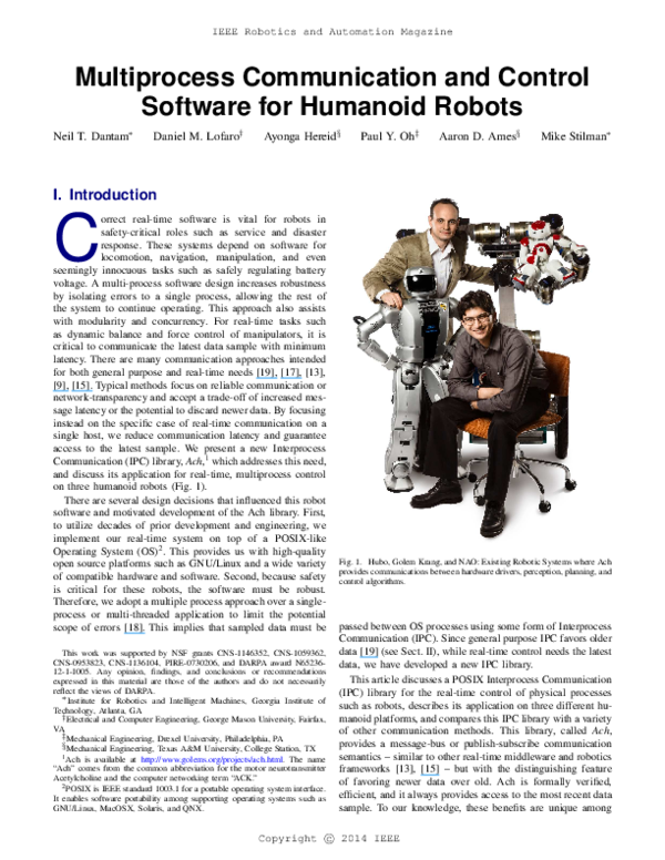 (PDF) Multiprocess Communication and Control Software for Humanoid Robots