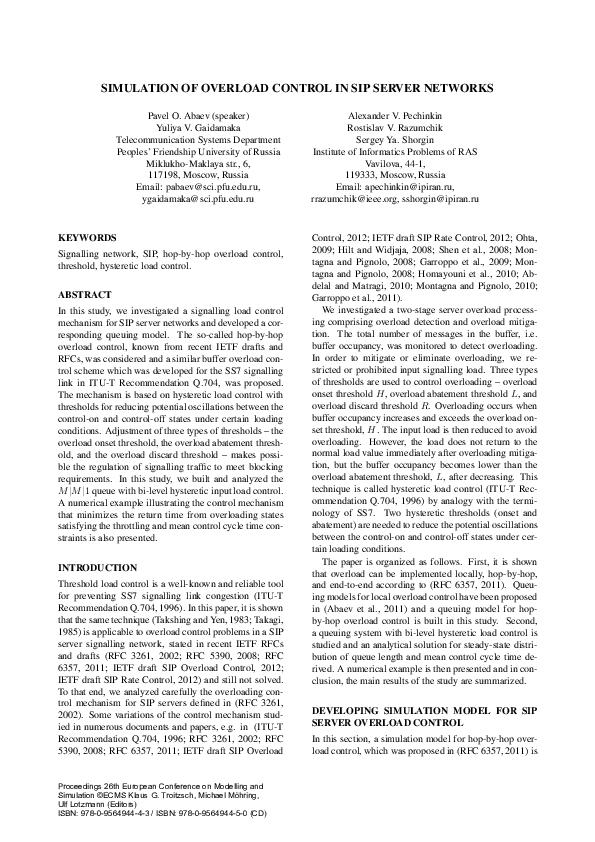 Pdf Simulation Of Overload Control In Sip Server Networks