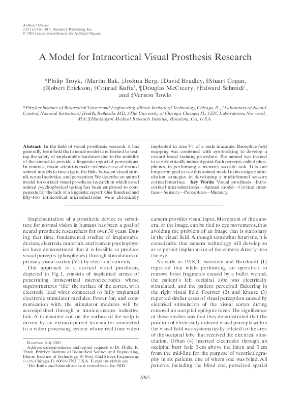 (PDF) A Model for Intracortical Visual Prosthesis Research