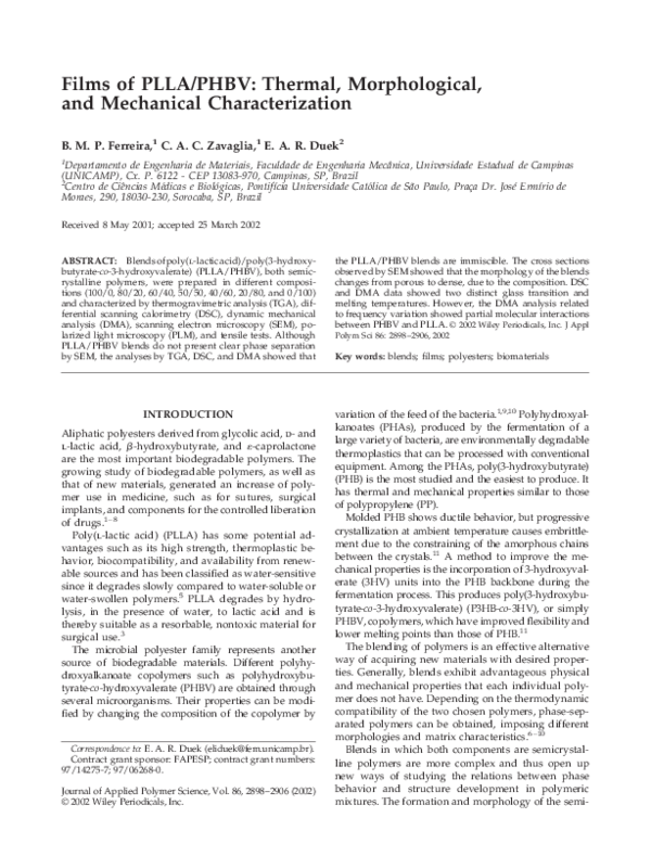 (PDF) Films of PLLA/PHBV: Thermal, morphological, and mechanical characterization