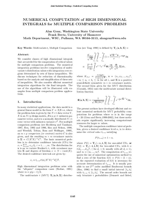 Pdf Numerical Computation Of High Dimensional Integrals For Multiple Comparison Problems