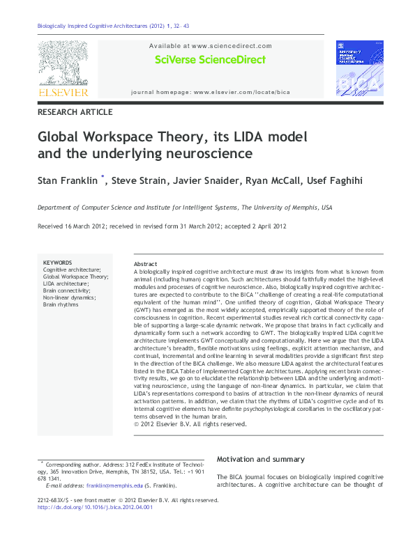(PDF) Global Workspace Theory, its LIDA model and the underlying ...