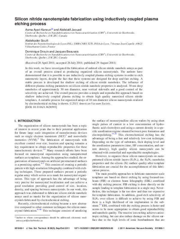 (PDF) Silicon nitride nanotemplate fabrication using inductively coupled plasma etching process