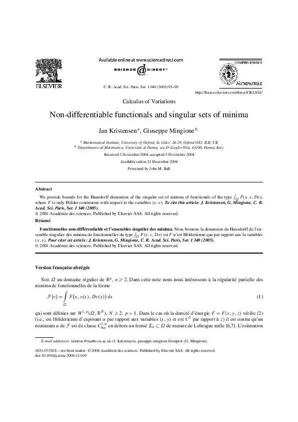 (PDF) Non-differentiable functionals and singular sets of minima