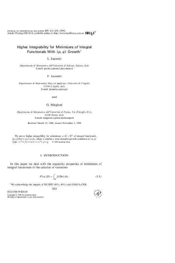 (PDF) Higher Integrability for Minimizers of Integral Functionals With (p, q) Growth