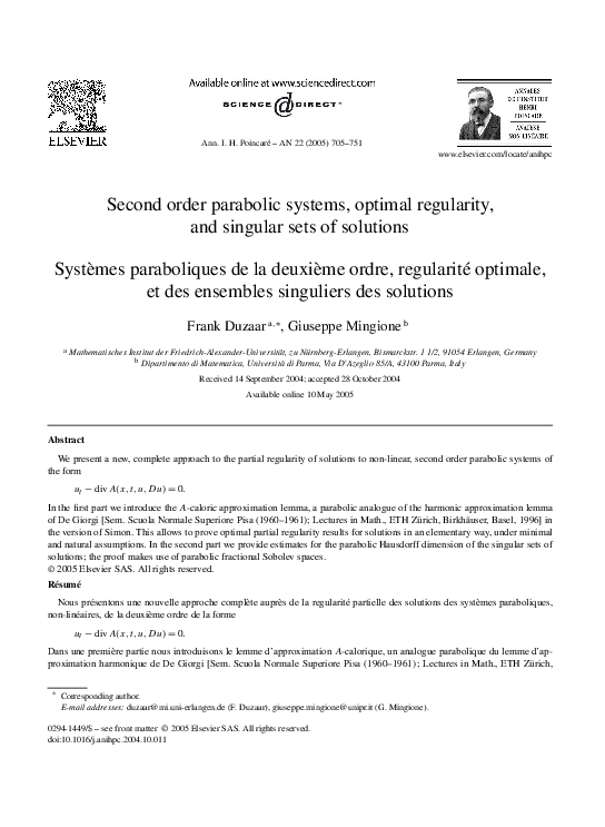 Pdf Second Order Parabolic Systems Optimal Regularity And Singular Sets Of Solutions