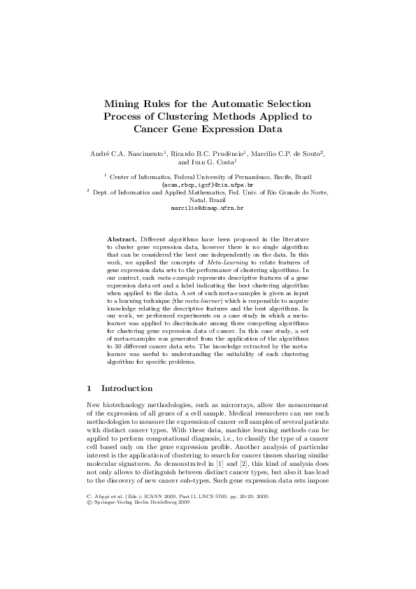 Pdf Mining Rules For The Automatic Selection Process Of Clustering Methods Applied To Cancer