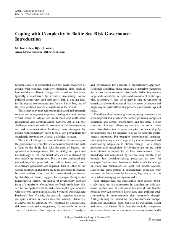 (PDF) Coping with Complexity in Baltic Sea Risk Governance: Introduction