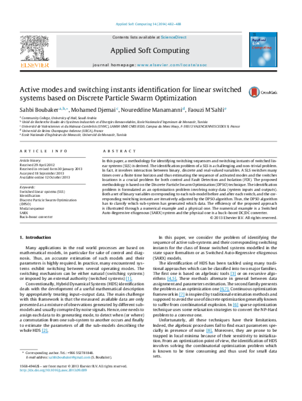 Pdf Active Modes And Switching Instants Identification For Linear Switched Systems Based On