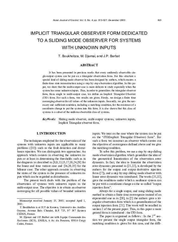 Pdf Implicit Triangular Observer Form Dedicated To A Sliding Mode Observer For Systems With