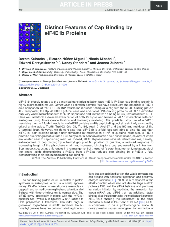 (PDF) Distinct Features of Cap Binding by eIF4E1b Proteins