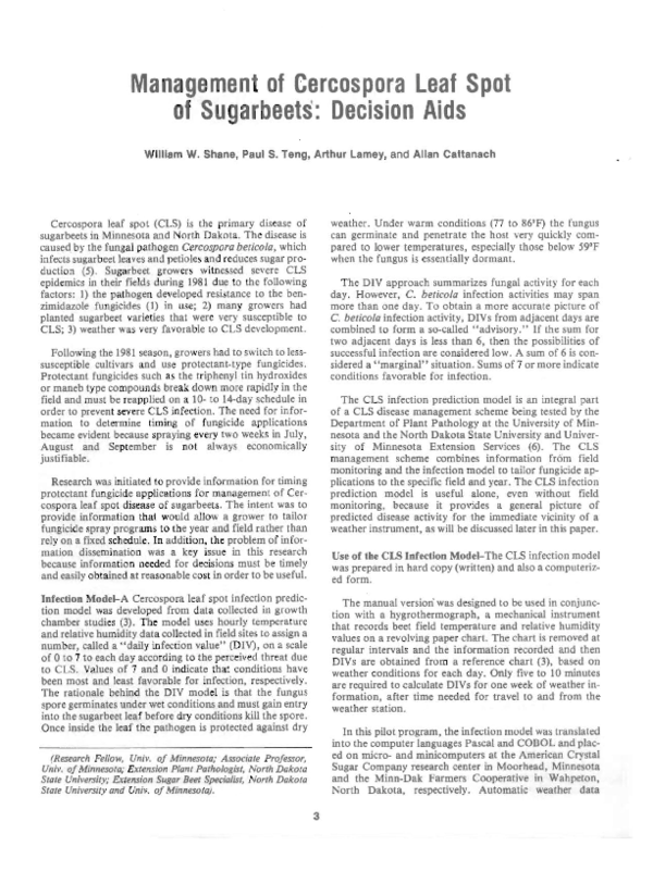(PDF) Management of Cercospora Leaf Spot of Sugarbeets: Decision Aids