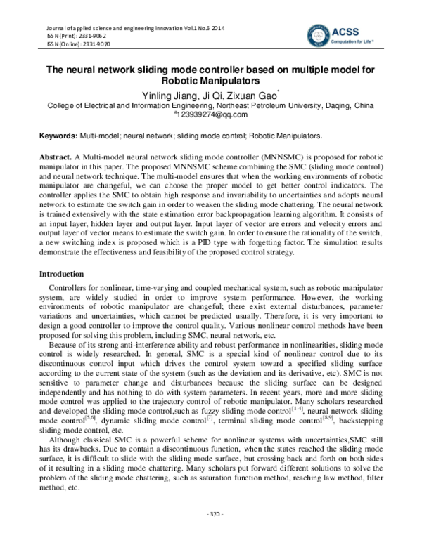(PDF) The neural network sliding mode controller based on multiple model for Robotic Manipulators