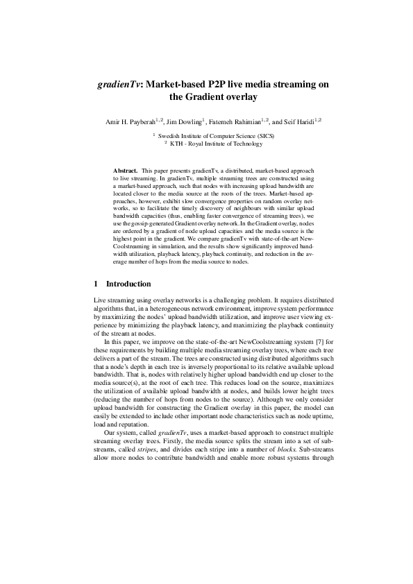 (PDF) gradienTv: Market-Based P2P Live Media Streaming on the Gradient ...