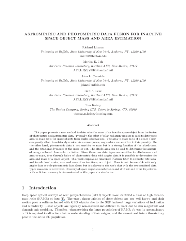 Pdf Astrometric And Photometric Data Fusion For Inactive Space Object