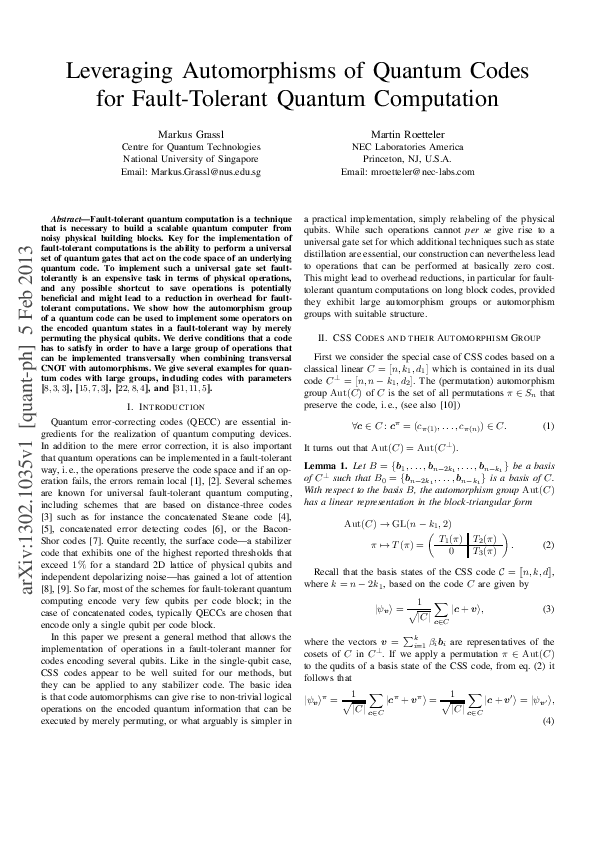 (PDF) Leveraging automorphisms of quantum codes for fault-tolerant quantum computation