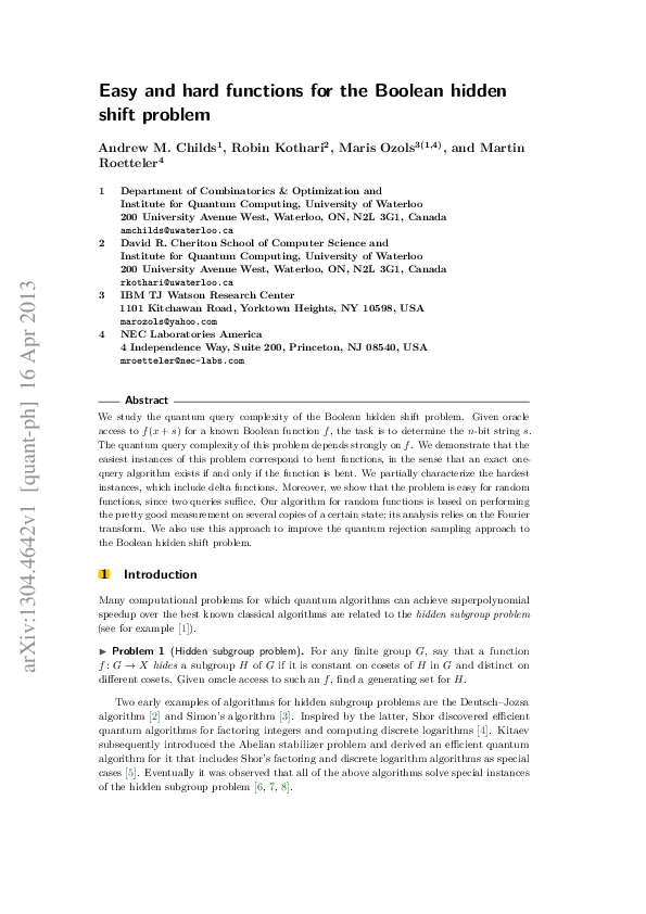 (PDF) Easy and Hard Functions for the Boolean Hidden Shift Problem