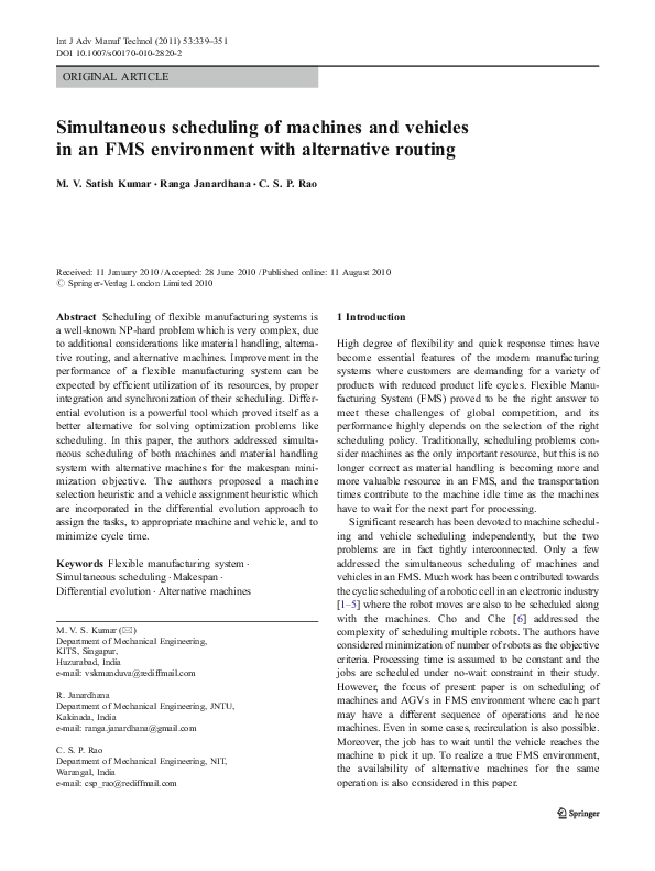 (PDF) Simultaneous scheduling of machines and vehicles in an FMS environment with alternative ...