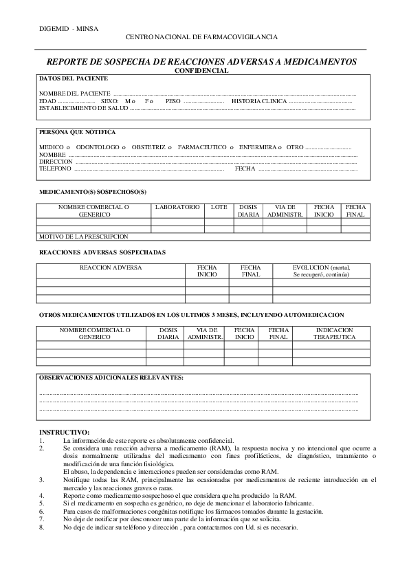 (PDF) DIGEMID -MINSA CENTRO NACIONAL DE FARMACOVIGILANCIA REPORTE DE SOSPECHA DE REACCIONES ...