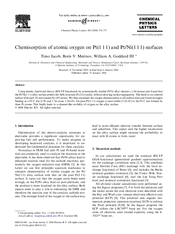 (PDF) Chemisorption of atomic oxygen on Pt(111) and Pt/Ni(111) surfaces