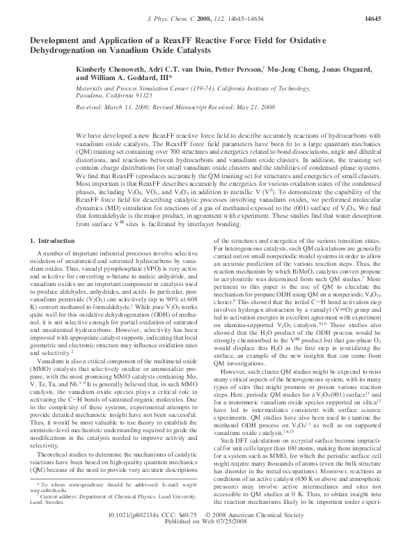 (PDF) Development and Application of a ReaxFF Reactive Force Field for Hydrogen Combustion