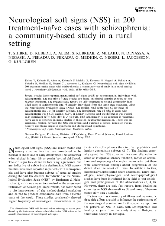 (PDF) Neurological soft signs (NSS) in 200 treatment-naïve cases with schizophrenia: a community ...