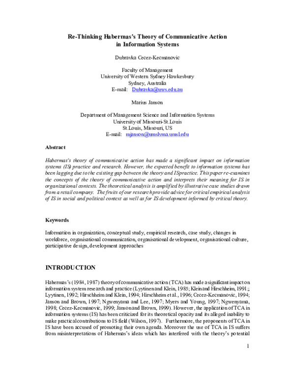 (PDF) Re-Thinking Habermas's Theory of Communicative Action in ...