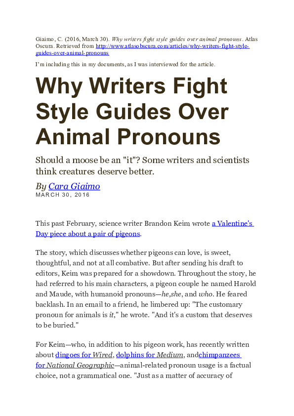 (DOC) Why Writers Fight Style Guides Over Animal Pronouns