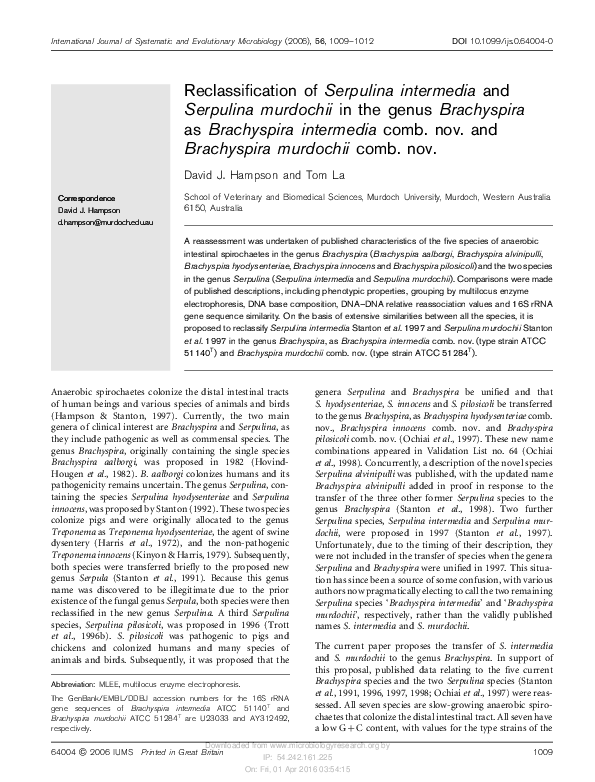 (PDF) Reclassification of Serpulina intermedia and Serpulina murdochii ...