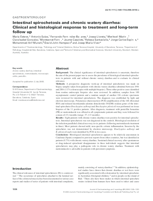 (PDF) Intestinal spirochetosis and chronic watery diarrhea: Clinical ...