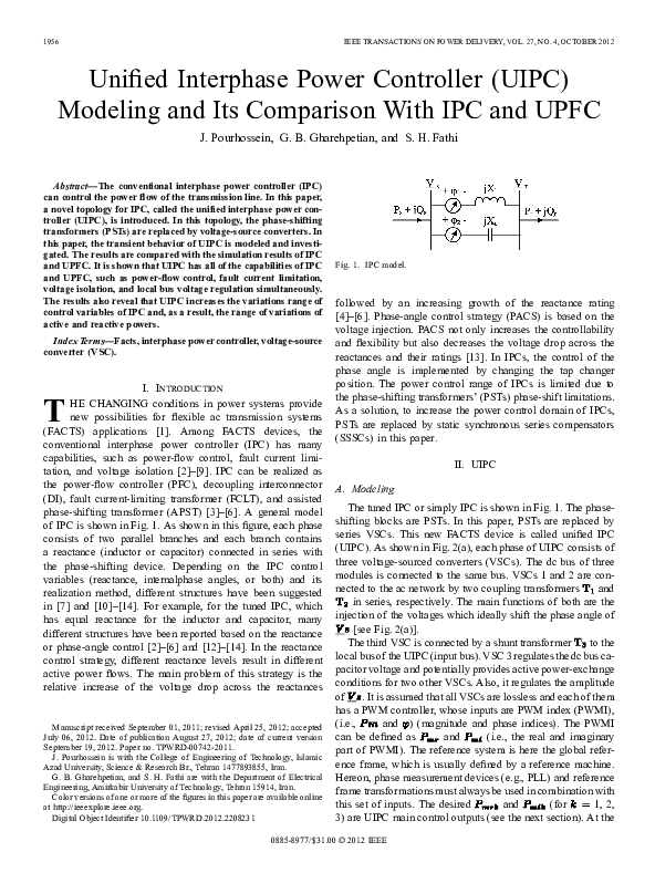 Pdf Unified Interphase Power Controller Uipc Modeling And Its Comparison With Ipc And Upfc