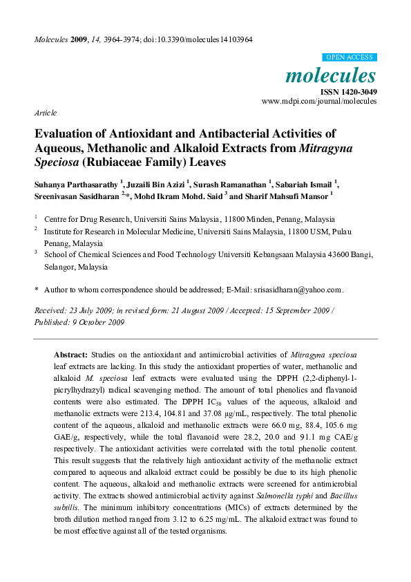 (PDF) Evaluation of Antioxidant and Antibacterial Activities of Aqueous, Methanolic and Alkaloid ...