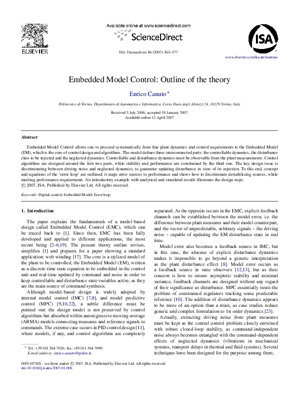 Pdf Embedded Model Control Outline Of The Theory