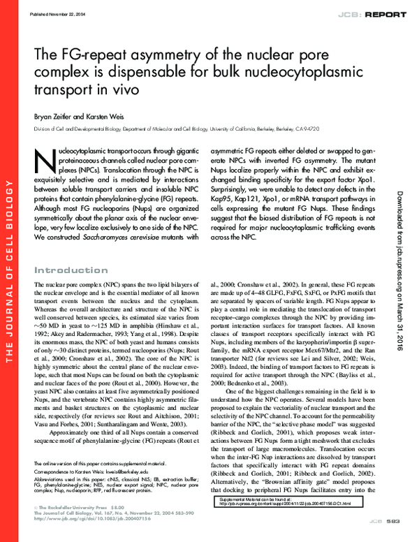 (PDF) The FG-repeat asymmetry of the nuclear pore complex is ...