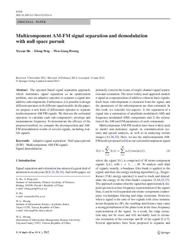 Pdf Multicomponent Am Fm Signal Separation And Demodulation With Null Space Pursuit