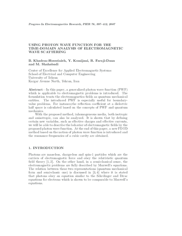 (PDF) Using Photon Wave Function for the Time-Domain Analysis of Electromagnetic Wave Scattering