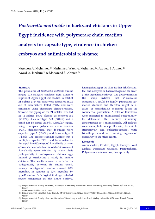 (PDF) Pasteurella multocida in backyard chickens in Upper Egypt ...