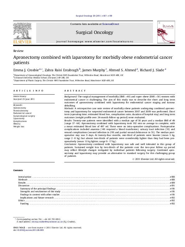(PDF) Apronectomy combined with laparotomy for morbidly obese ...