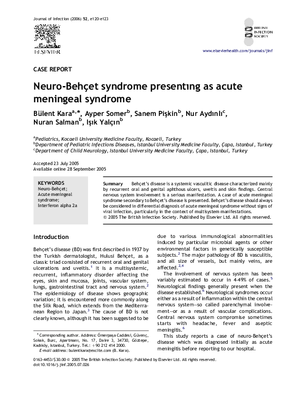 (PDF) Neuro-Behçet syndrome presentıng as acute meningeal syndrome