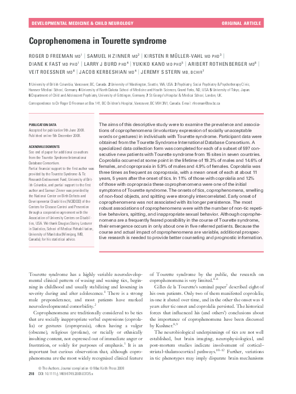 (PDF) Coprophenomena in Tourette syndrome