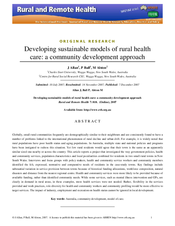 (PDF) Developing sustainable models of rural health care: a community ...
